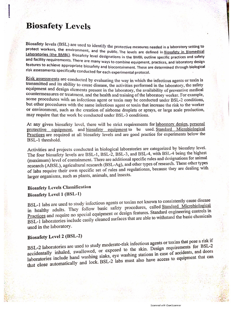 BCH 211 Biosafety Levels-1 | PDF