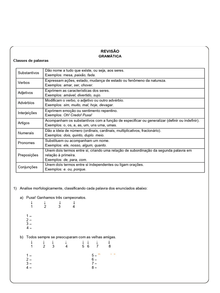 (Exercício de Revisão e Fixação) Classes de Palavras e Introdução À ...