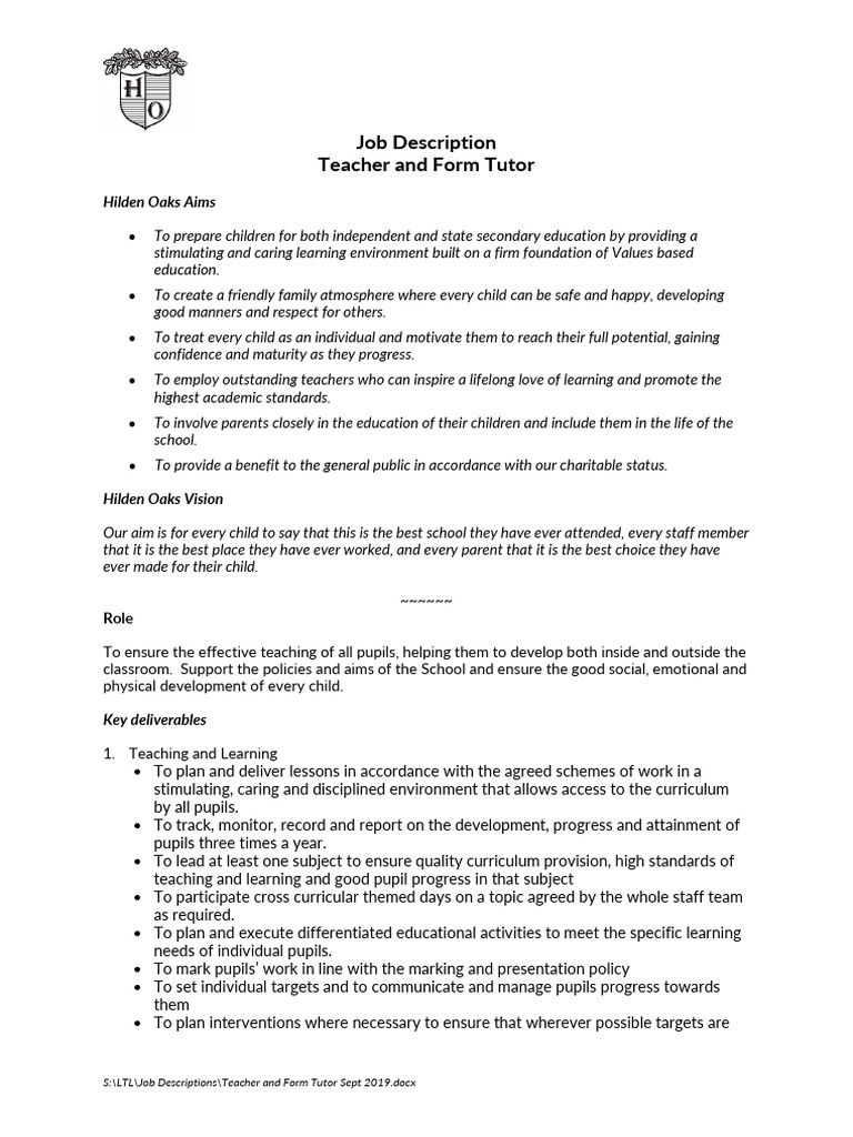 Teacher and Form Tutor Job Description | PDF | Teachers | Behavior ...