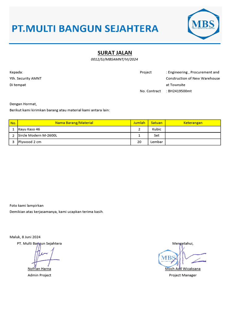 Surat Jalan Material Proyek AMNT | PDF