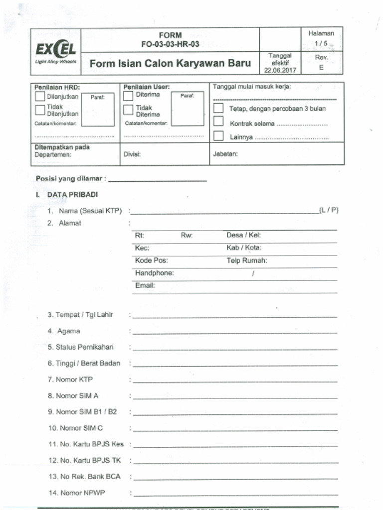 Bagi Form Isian Calon Karyawan Baru Pt. Emi | PDF