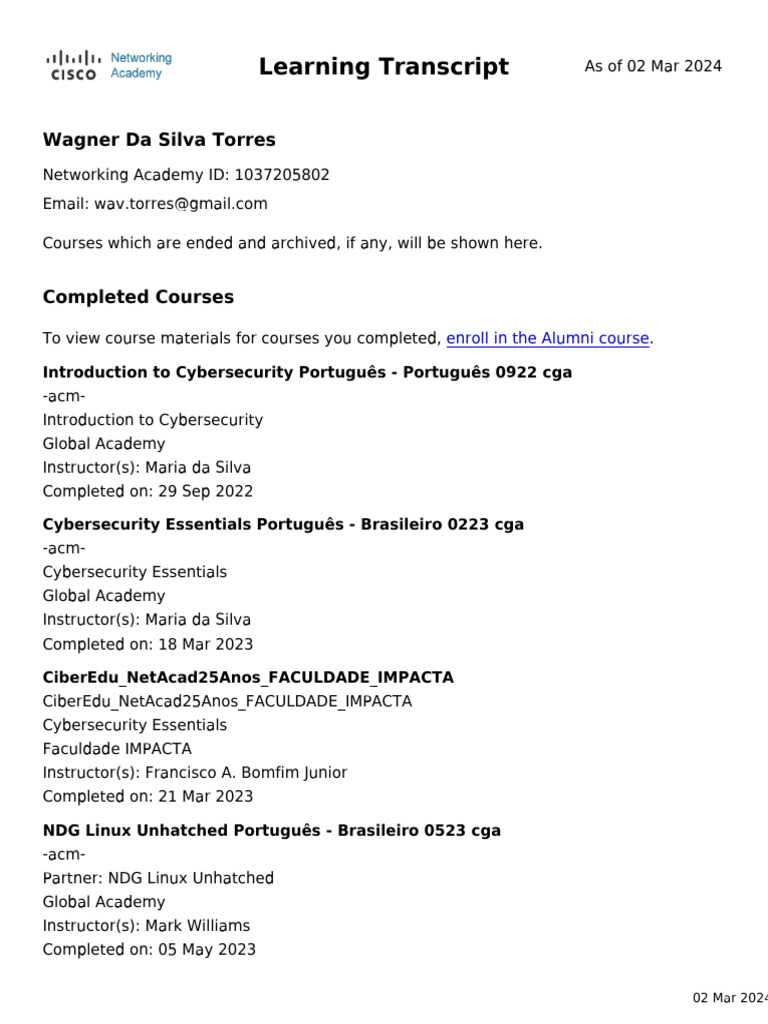 NetAcad Learning Transcript | PDF