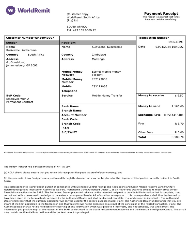 Payment Receipt | PDF | Wire Transfer | Money