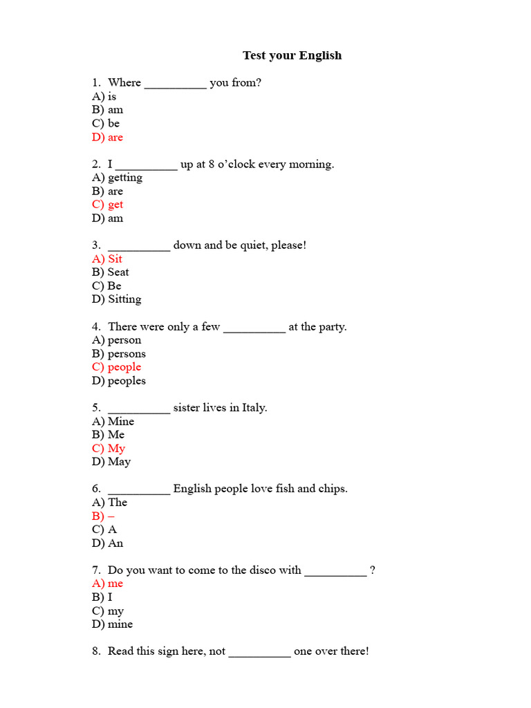 English Level Test Practice Questions | PDF