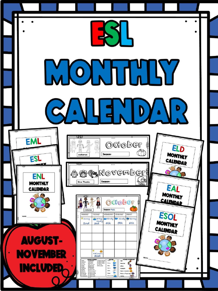 ESLCalendarNewcomerActivitiesHalloweenThanksgivingVocabularyNumbers 1 ...