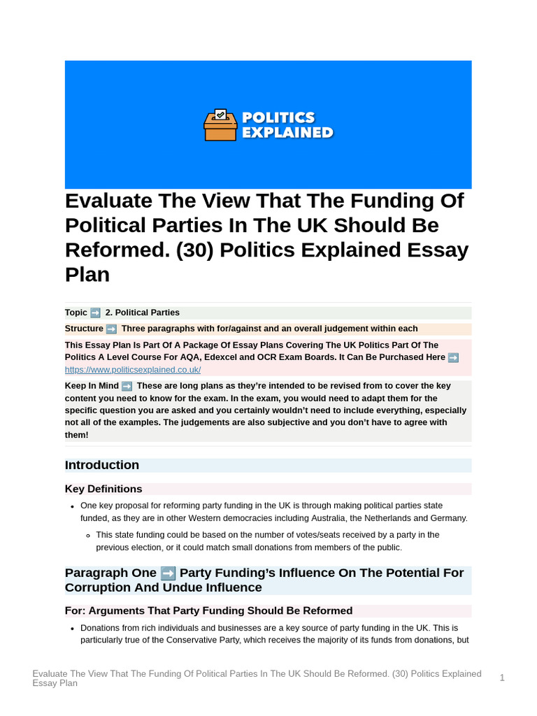 Evaluate The View That The Funding of Political Parties in The UK ...