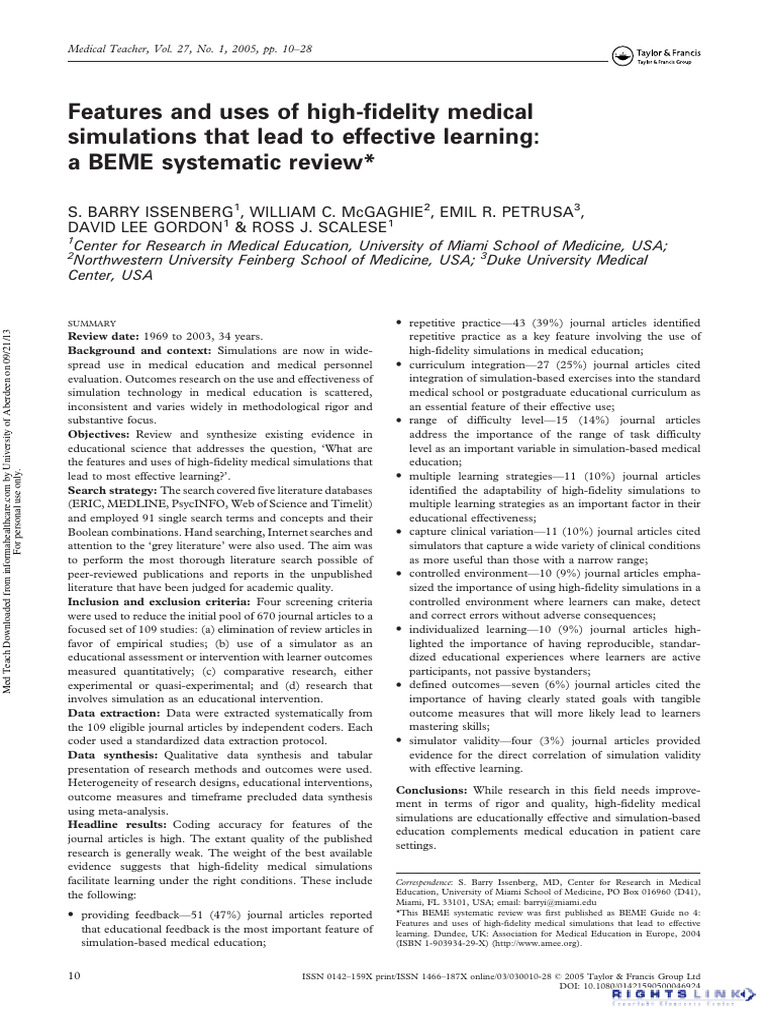 Issenberg BEME Simulation Med Tea 2005 | PDF | Simulation | Patient