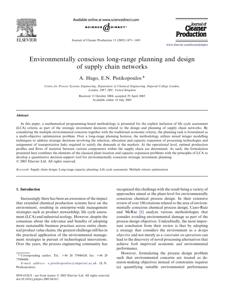 Environmentally Conscious Long-Range Planning and Design of Supply Chain Networks | PDF | Life ...