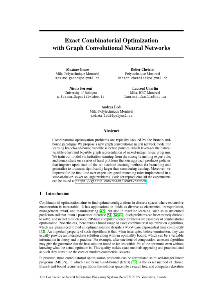 Neurips 2019 Exact Combinatorial Optimization With Graph Convolutional Neural Networks Paper