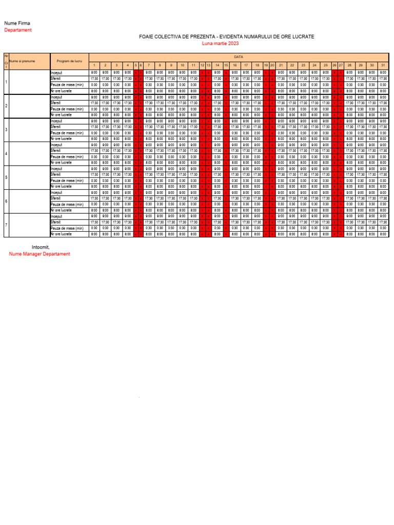 Foaie Pontaj Zilnic 2023 | PDF