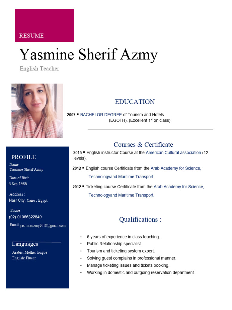 Yasmine Sherif Azmy: English Teacher | PDF | Teachers | Learning