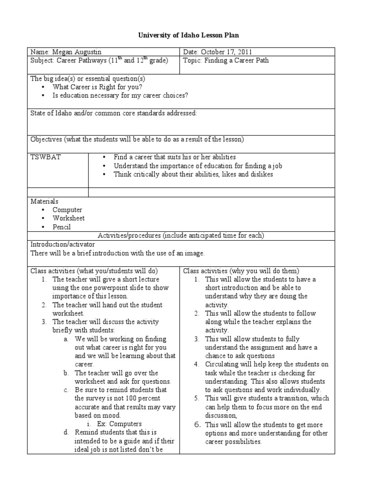 Career Pathways Lesson Plan for Grades 11-12 | PDF | Lesson Plan ...