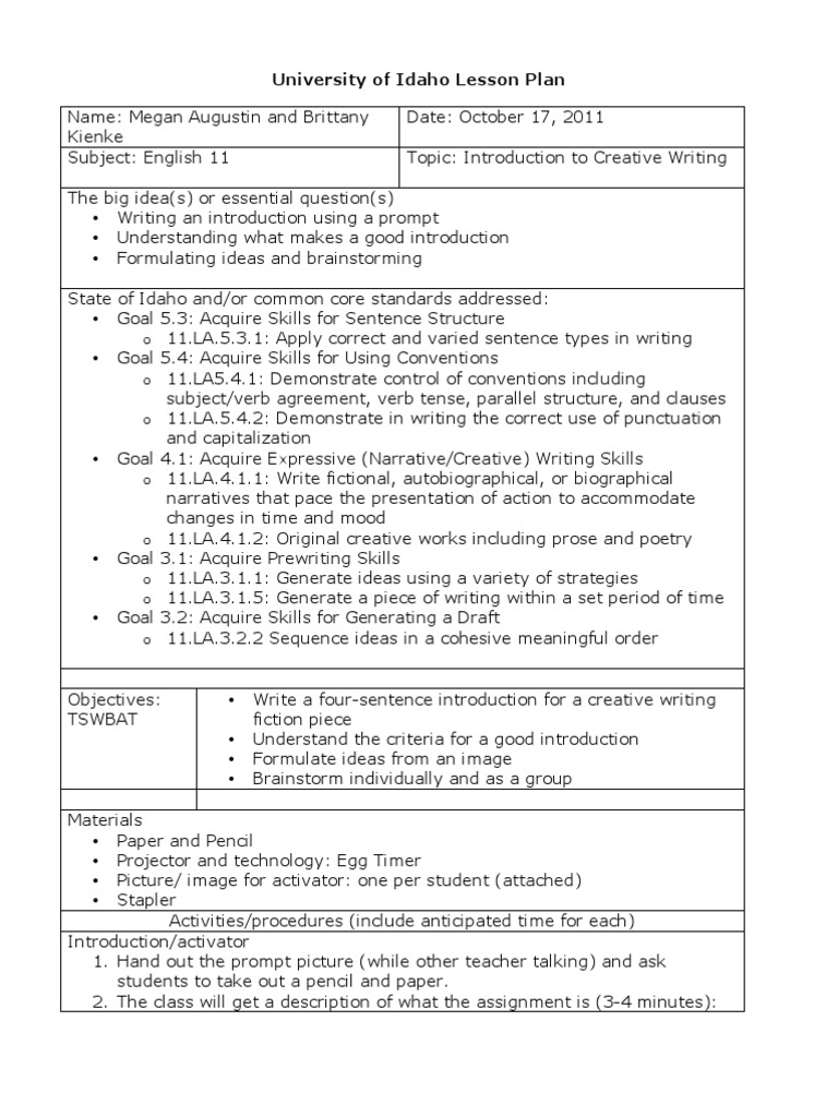 Mini Creative Writing Lesson Plan | PDF | Brainstorming | Rubric (Academic)