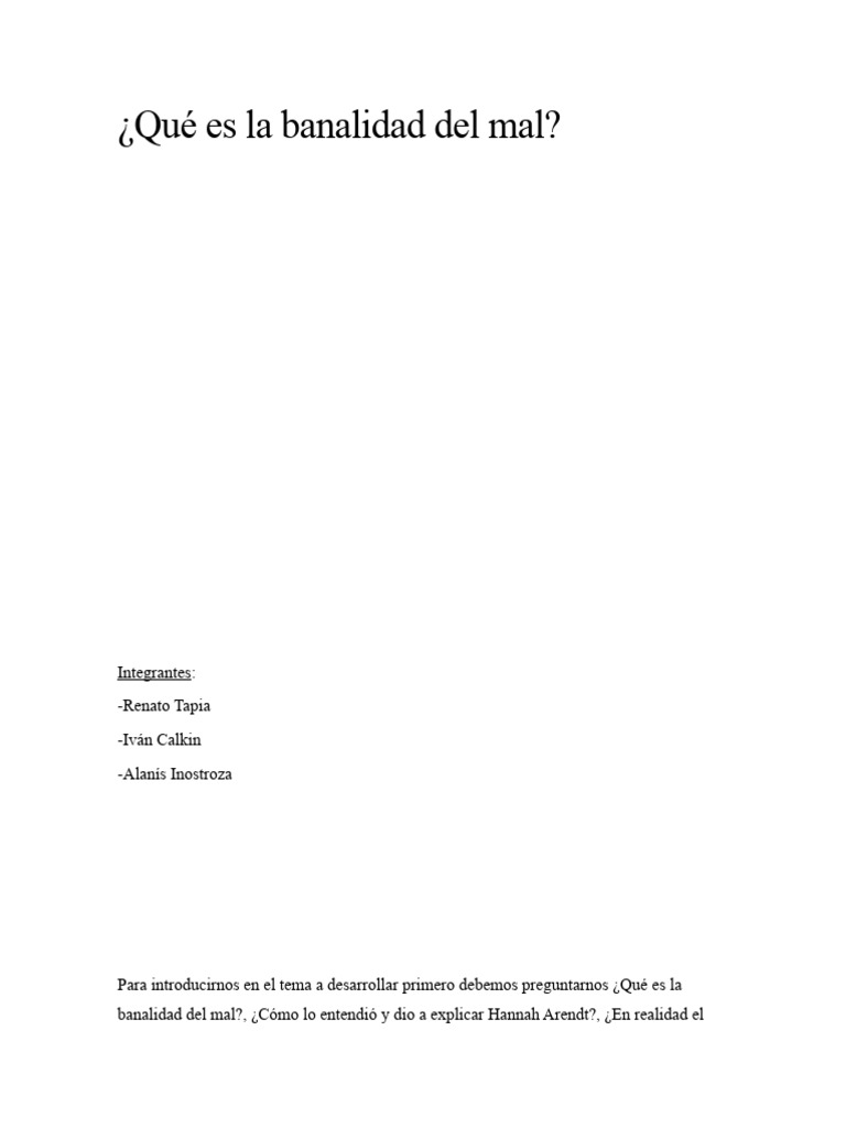 Banalidad del Mal según Hannah Arendt | PDF | Hannah Arendt | Mal