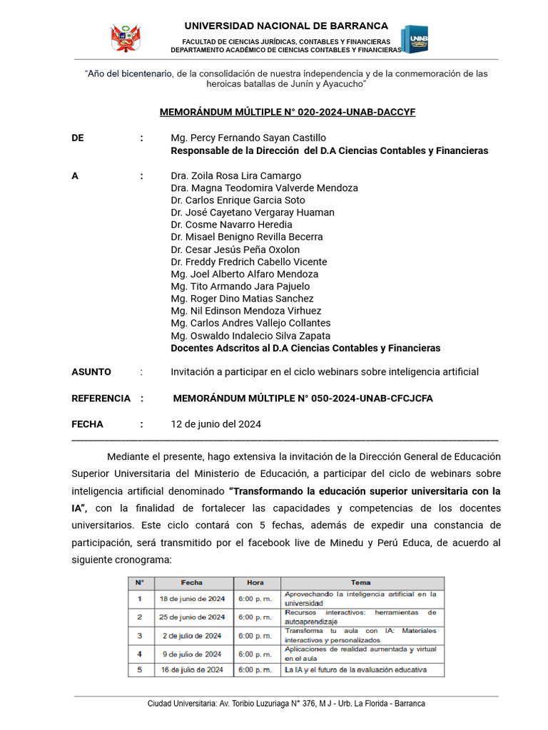 Memorandum Multiple #020-2024 - Unab-Daccyf | PDF | Gobierno
