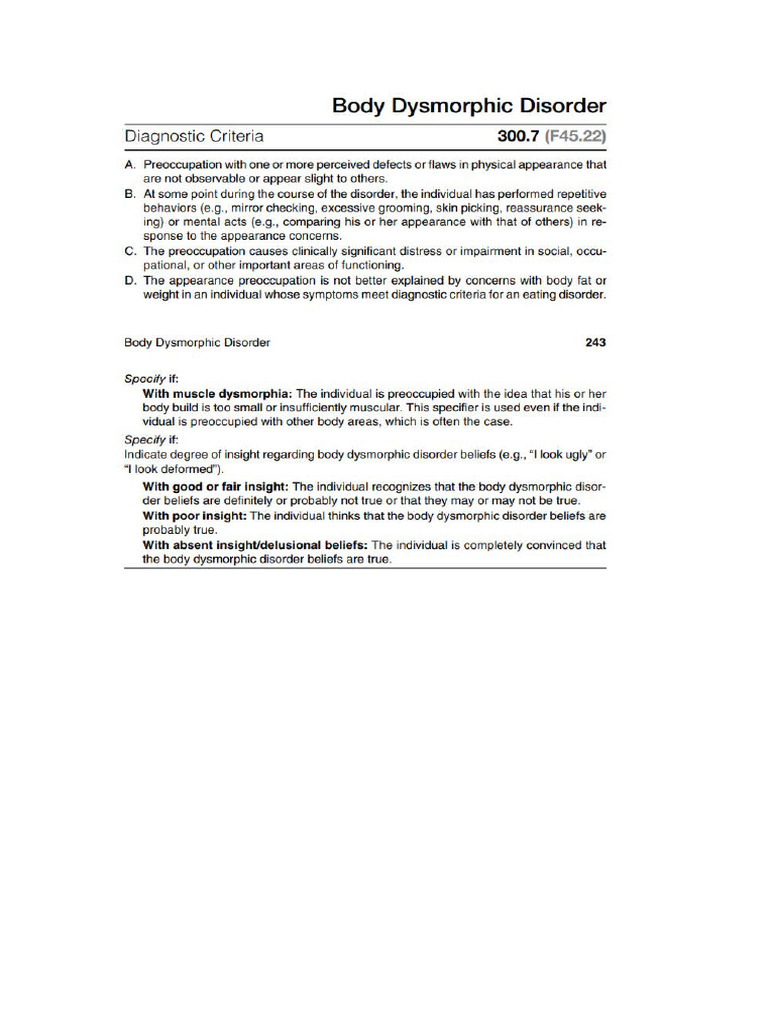 Body Dysmorphic Disorder DSM-5 | PDF