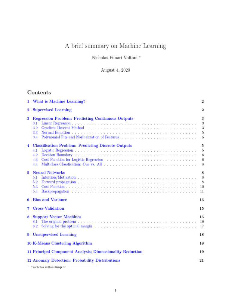 Brief Summary ML | PDF | Machine Learning | Regression Analysis