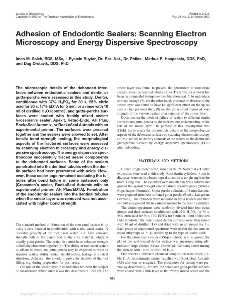 Adhesion of Endodontic Sealers Scanning Electron Micros | PDF | Tooth | Dentistry