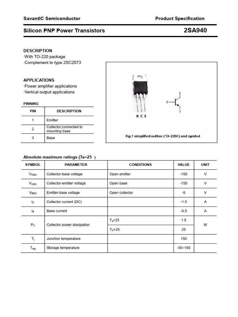 Silicon PNP Power Transistors: Savantic Semiconductor Product Specification | PDF | Bipolar ...