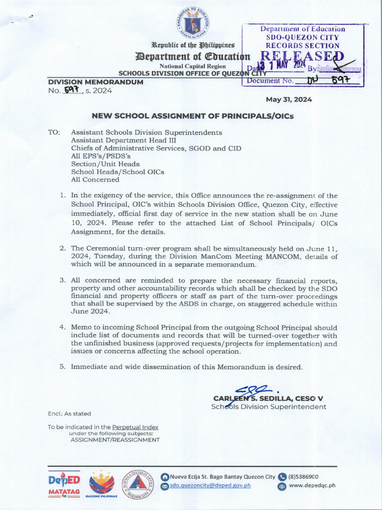 DM No. 597 S. 2024 New School Assignment of Principal Oics | PDF