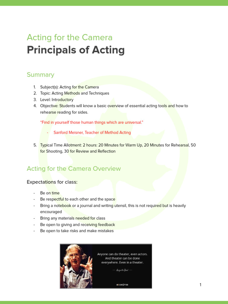 Acting For The Camera Class | PDF | Self-Improvement