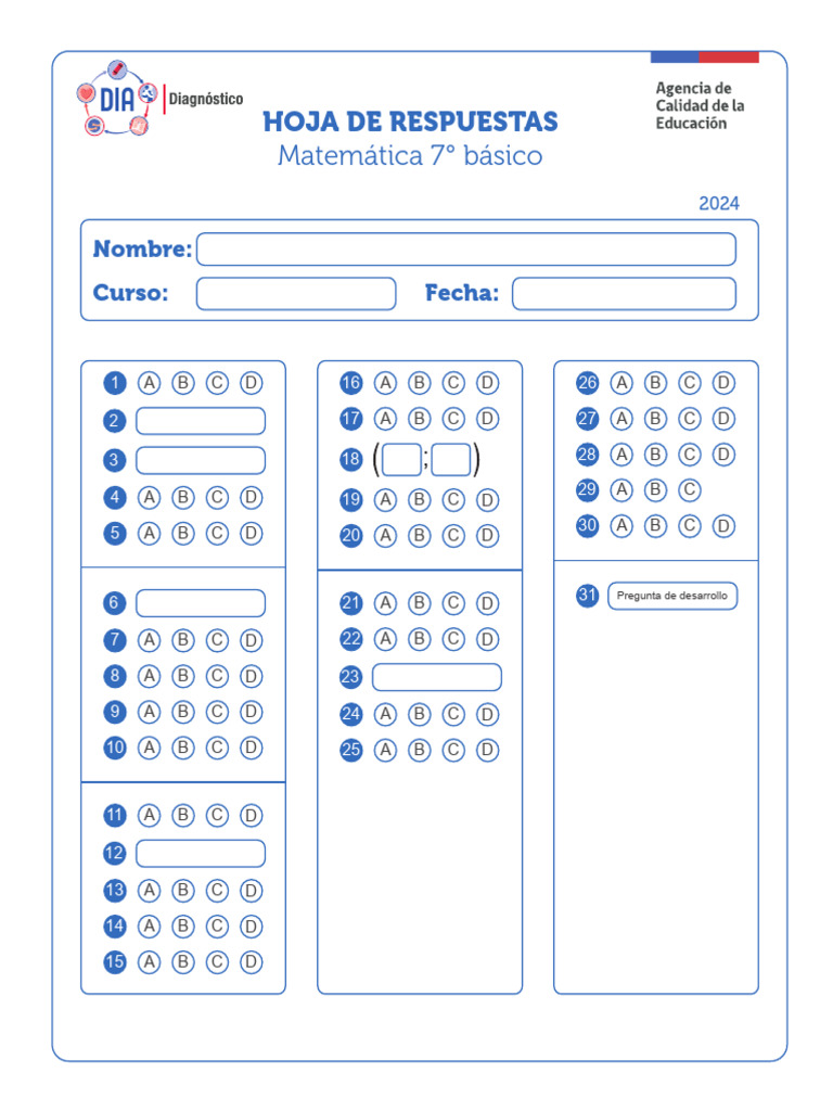 7mo Hoja - de - Respuestas - Matematica - Diagnostico - 2024 - 7 ...