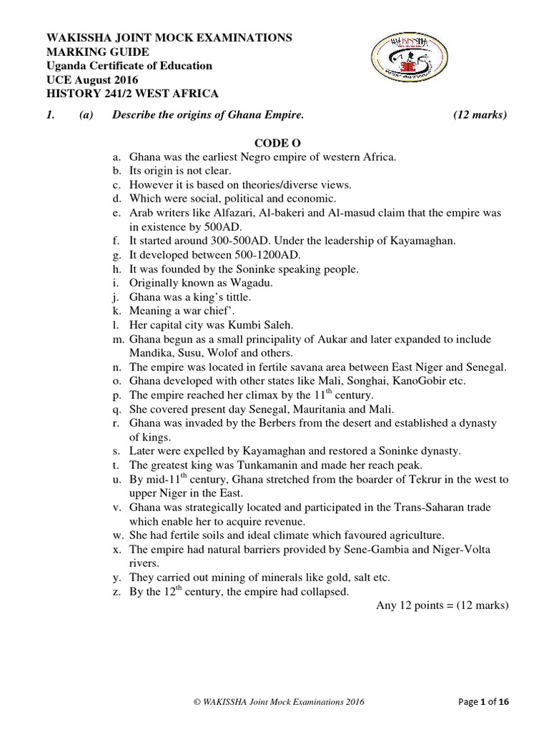 WAKISSHA JOINT MOCK EXAMINATIONS MARKING GUIDE Uganda Certificate of Education UCE August 2016 ...