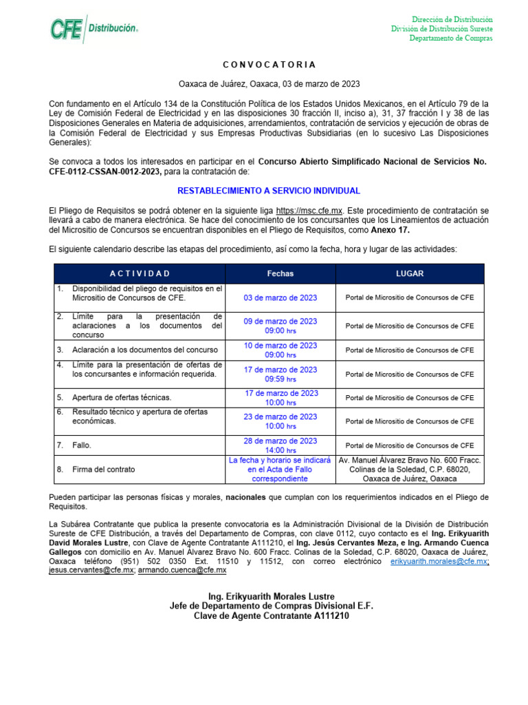 Convocatoria y Pliego de Requisitos CFE-0112-CSSAN-0012-2022 ...