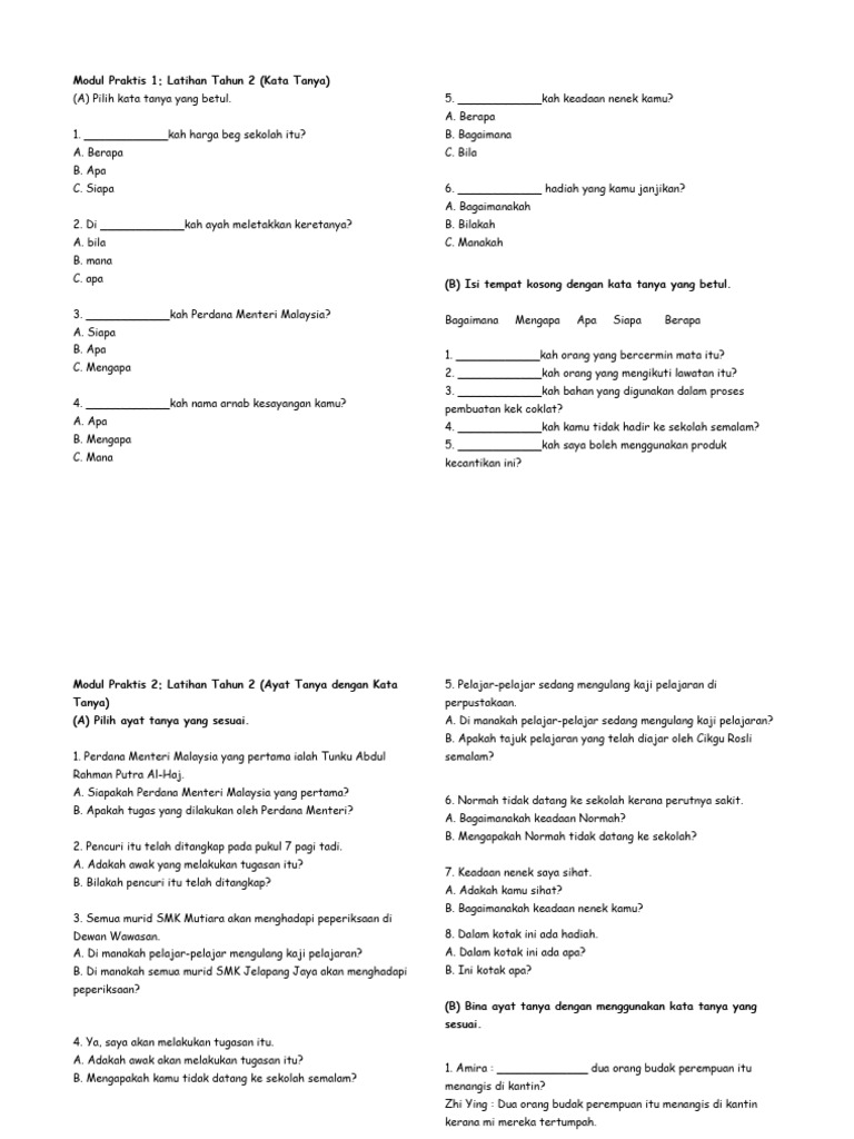 Latihan Kata Tanya Tahun 2 | PDF | Seni & Disiplin Bahasa