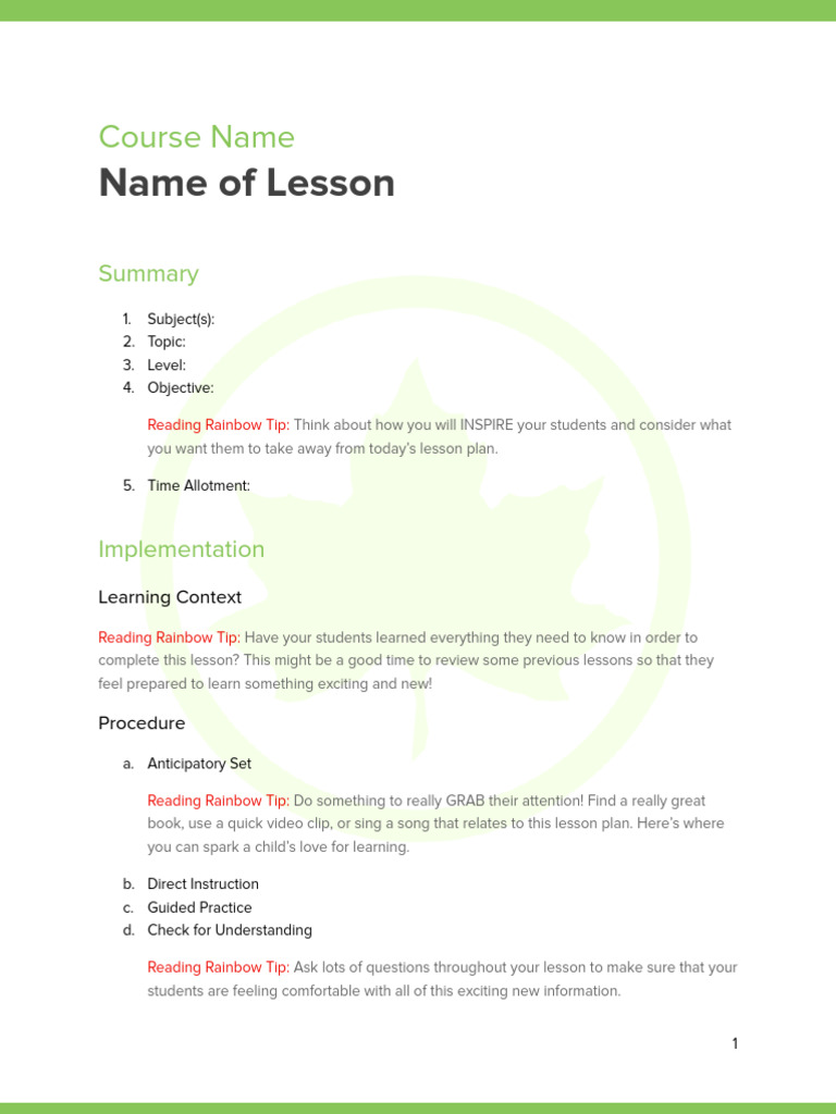 Lesson Plan Template | PDF | Lesson Plan | Learning