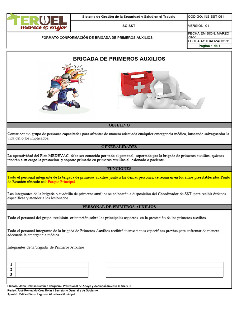 INS-SST-028 Formato Conformación de Brigada Primeros Auxilios | PDF | Primeros auxilios ...
