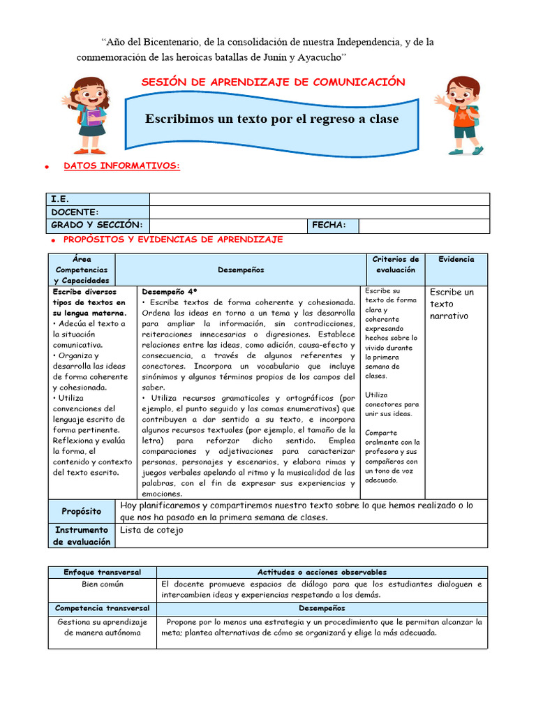 4° Ses Comu Vier 15 Escribe Un Texto Inicio de Clase Yessenia Carrasco | PDF | Evaluación ...