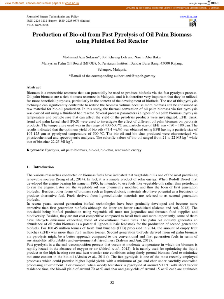 Production of Bio-Oil From Fast Pyrolysis of Oil Palm Biomass Using Fluidised Bed Reactor | PDF ...