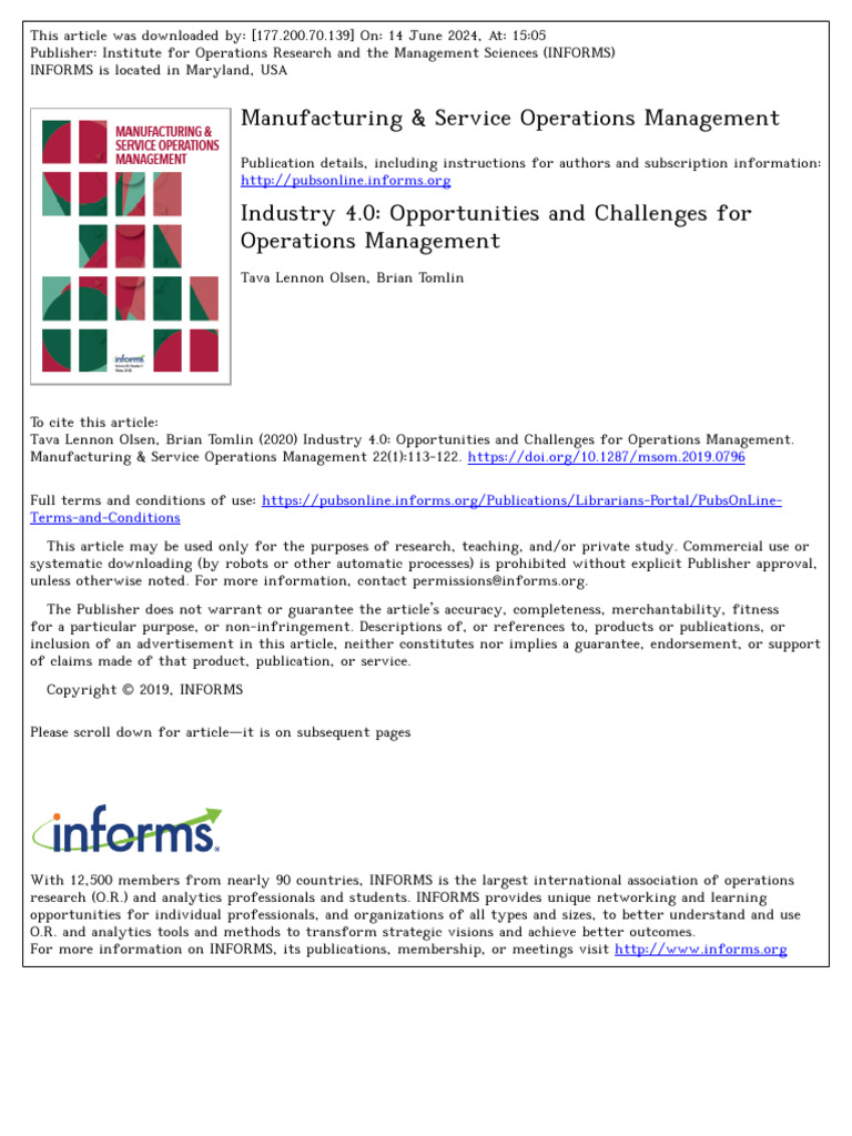 Olsen Tomlin 2019 Industry 4 0 Opportunities and Challenges For Operations Management | PDF | 3 ...