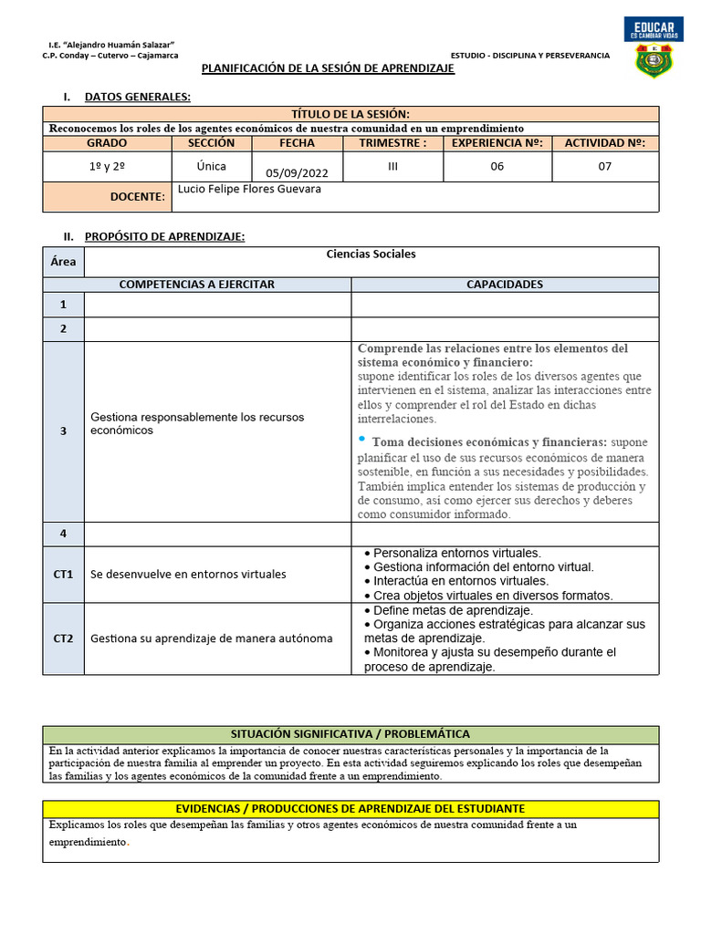 Sesión de Aprendizaje - 1°y 2° CCSS - 07 - 2022 | PDF | Evaluación | Aprendizaje