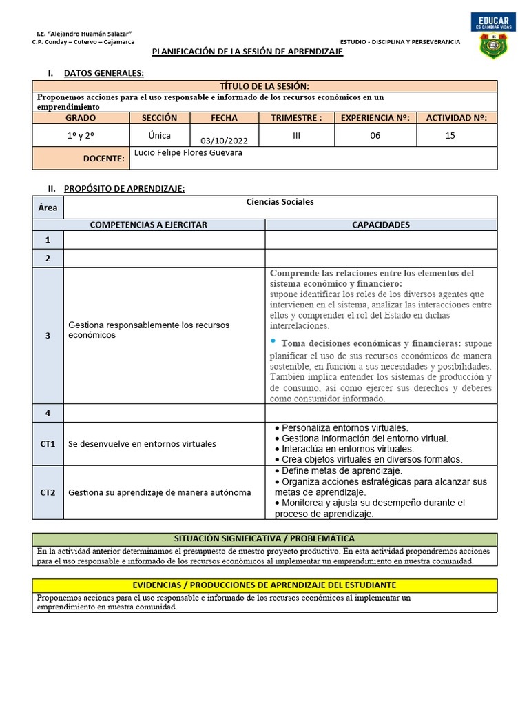 Sesión de Aprendizaje - 1°y 2° CCSS - 15 - 2022 | PDF | Aprendizaje | Evaluación