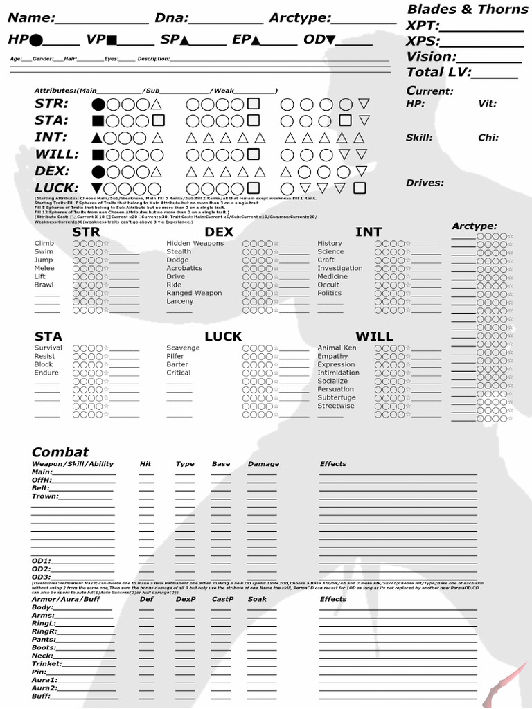 Charactersheet Blades and Thorns RPG | PDF