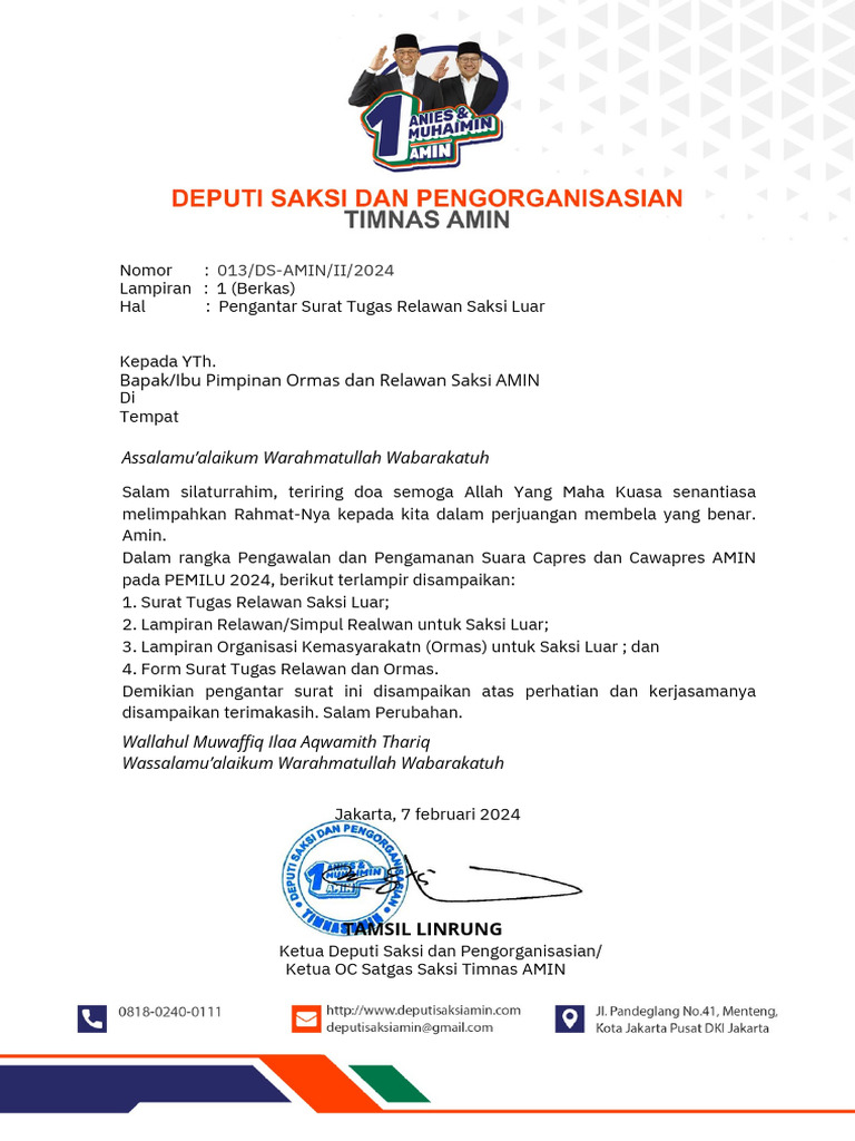 Surat Tugas Relawan Saksi Luar | PDF | Ilmu Sosial | Hukum
