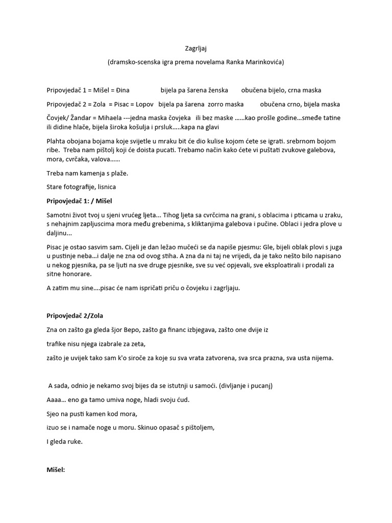 Zagrljaj Tekst Za Dramski Scenski | PDF