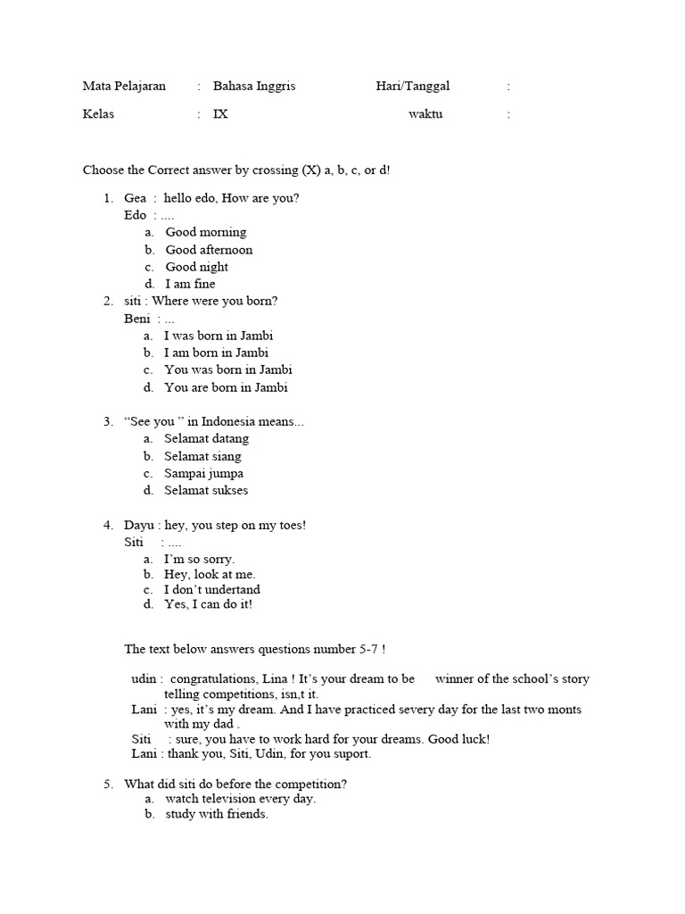 Soal Bahasa Inggris Kelas Ix | PDF