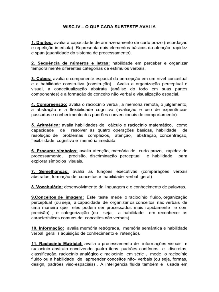 O Que Avalia Cada Teste Do Wisc IV | PDF | Quociente de inteligência ...