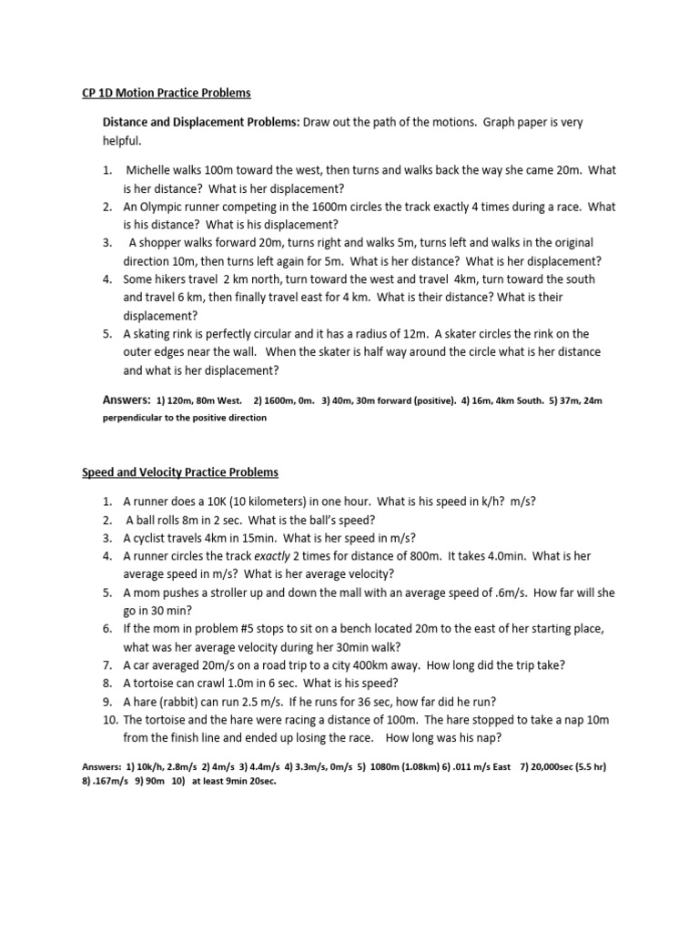 CP 1d Motion Practice Problems | PDF | Acceleration | Speed