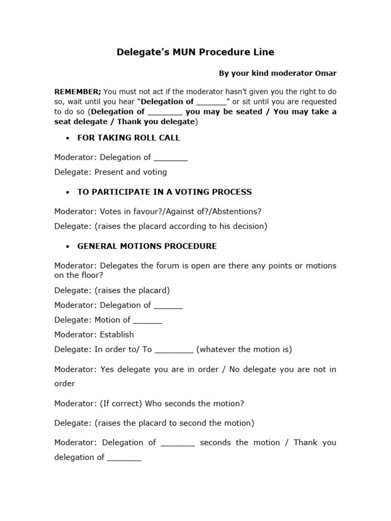 MUN Delegate's Procedure Line | Download Free PDF | Meetings | Political Law