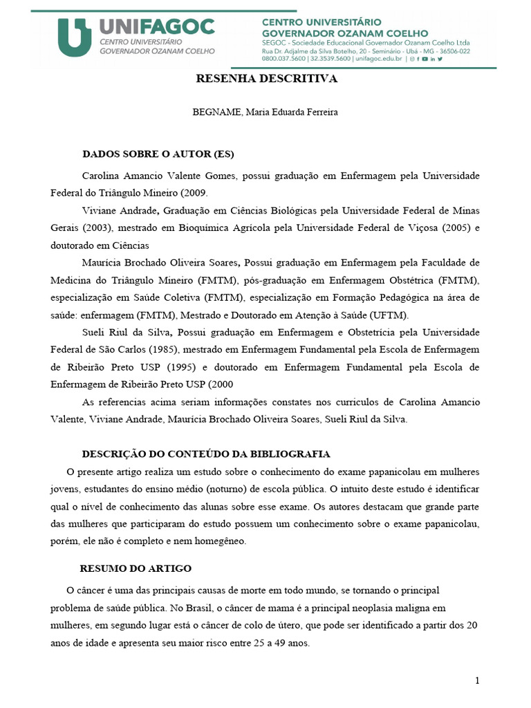 TEMPLATE - MODELO RESENHA DESCRITIVA Editando | PDF | Câncer cervical ...