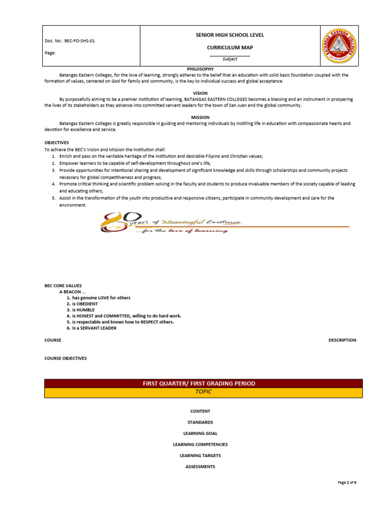 01-Curriculum Map - SHS | Download Free PDF | Curriculum | Learning