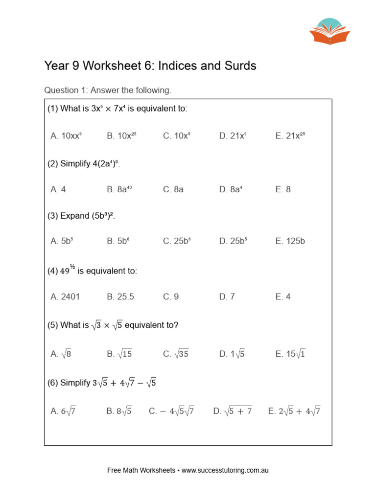 Year 9 Worksheet 6 Indices and Surds | PDF | Mathematics | Arithmetic