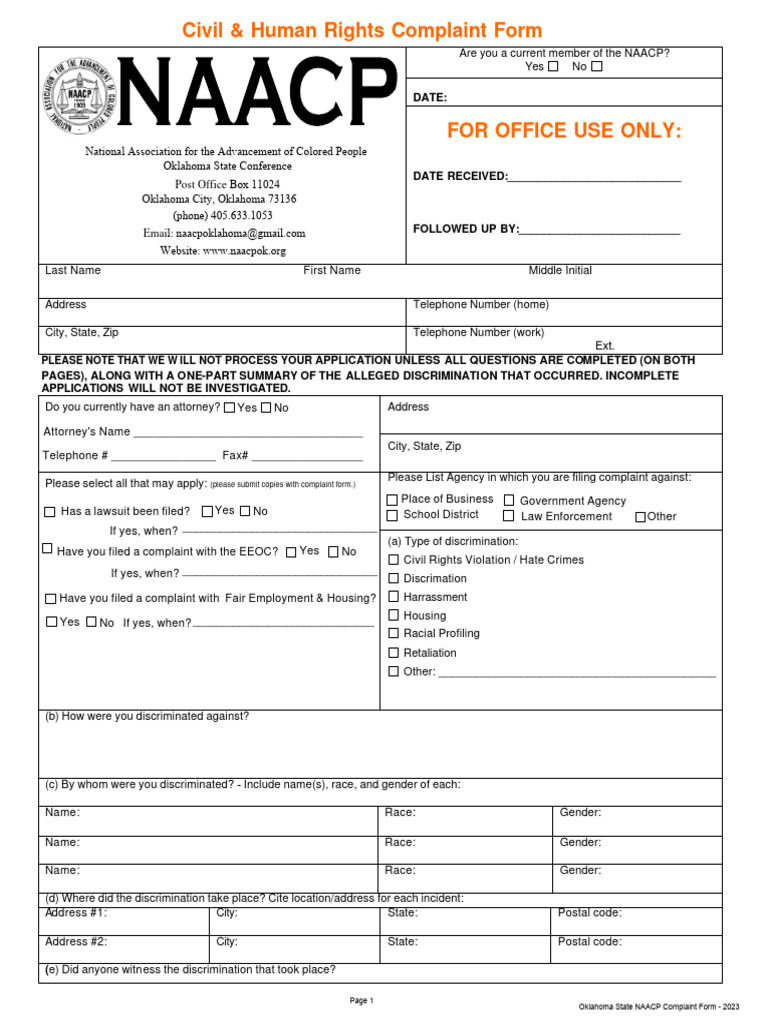 NAACP Discrimination Report Form | PDF | Complaint | Equal Employment ...