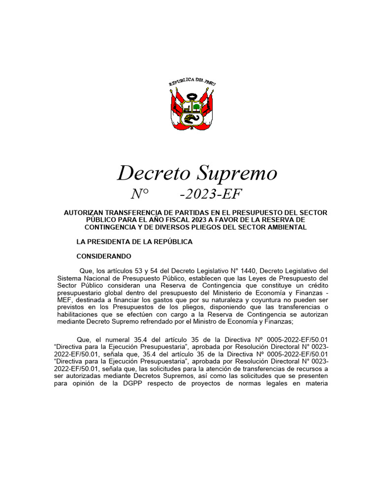 Proyecto DS Transferencia Financiera Reserva - Sector | PDF | Presupuesto | Ministerio ...