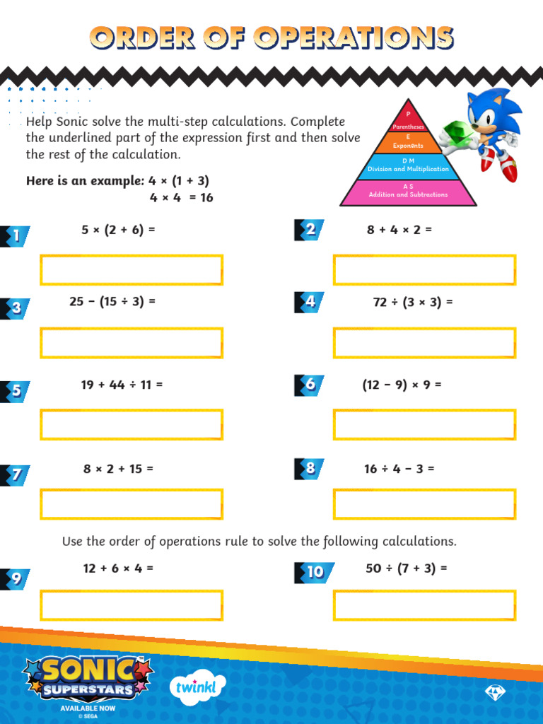 Free Sonic Order of Operations Math Activity For 3rd 5th Grade Us M ...