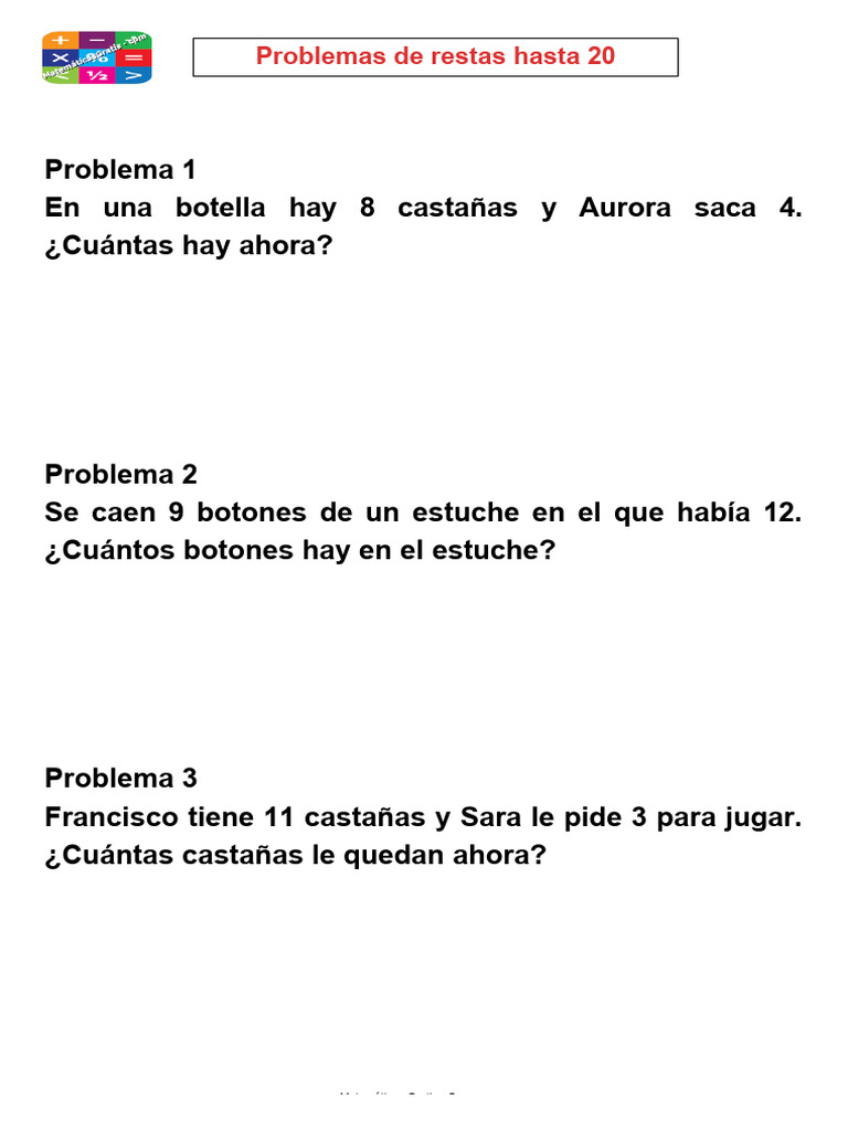 Problemas de restas hasta 20 | PDF